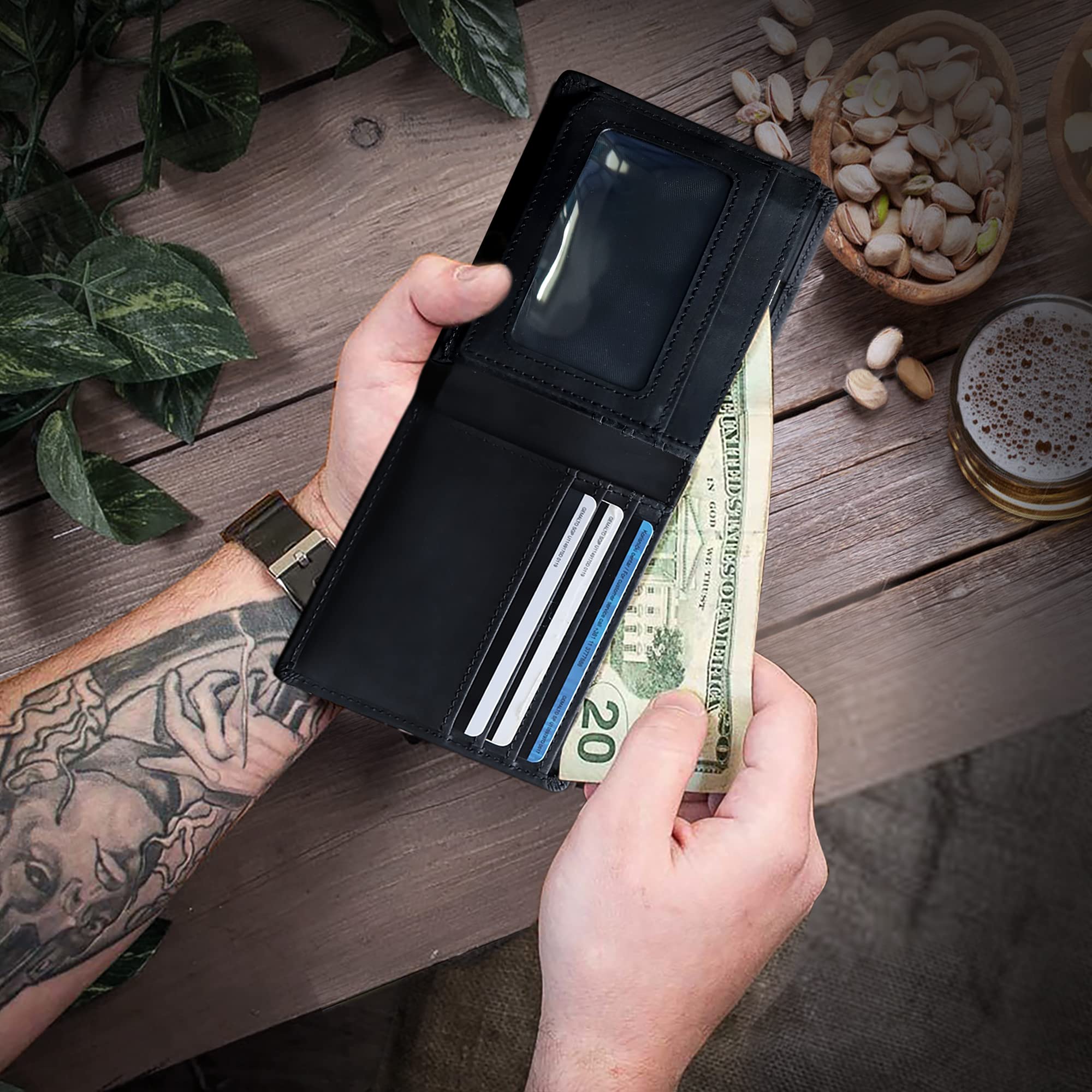 Genuine Crazy Horse Leather Wallet – Viking Vegvisir Engraved Black Bifold Wallet – RFID Blocking Runic Compass Signpost Design Leather Wallet for Protection, Fits Up to 10 Cards