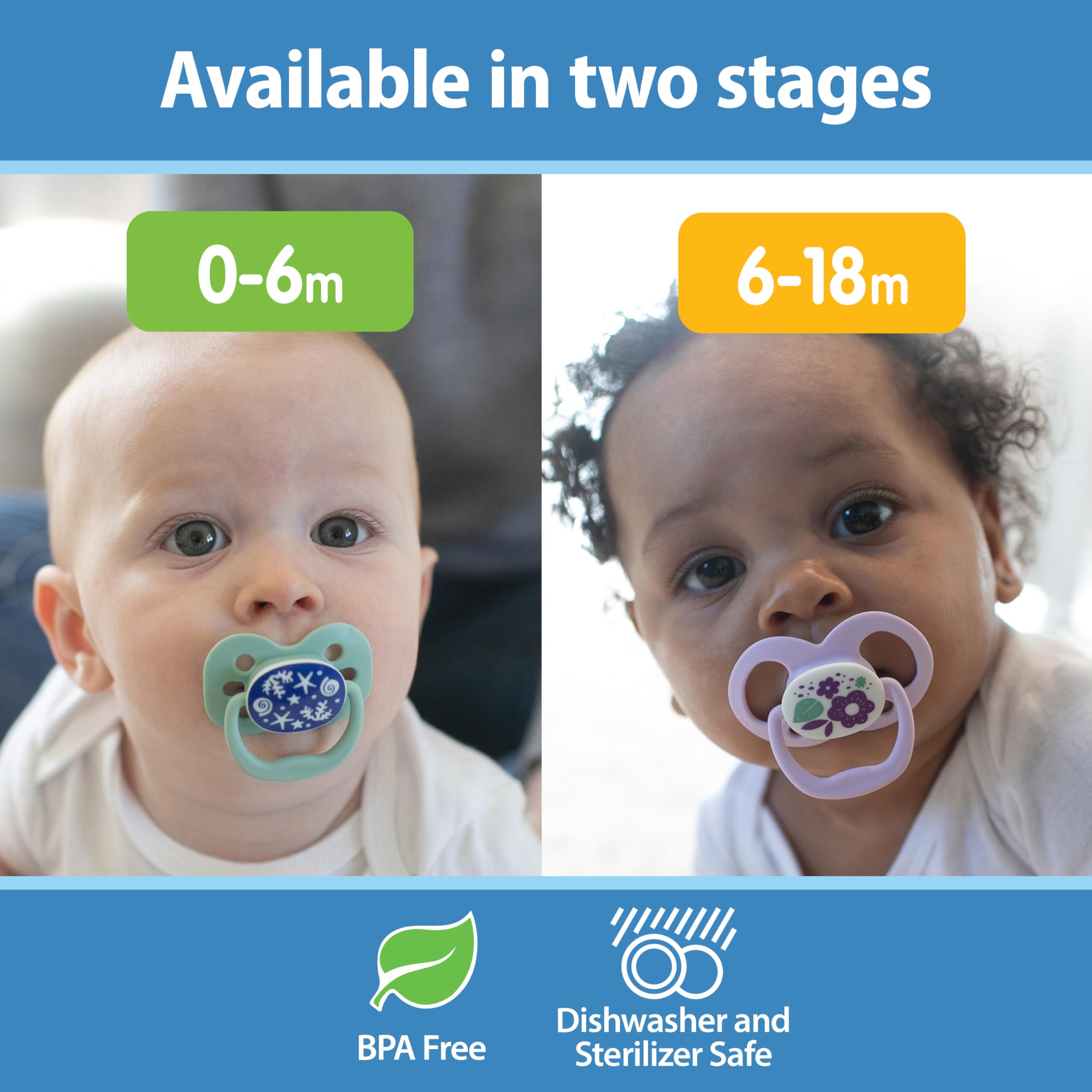 Dr. Brown’s Advantage Glow-in-the-Dark Pacifier, 100% Silicone Baby Paci Symmetrical Soother, 0-6m, BPA free, Blue, 3 Pack