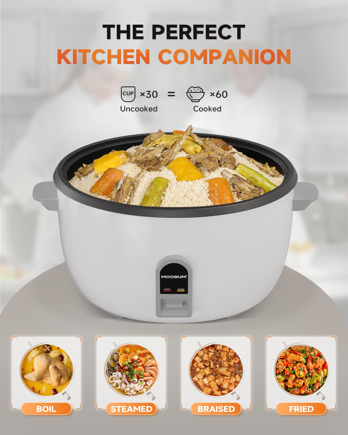MOOSUM Commercial Rice Cooker, Large Capacity 30-Cup (UnCooked), 60-Cup (Cooked) with One Touch Operation and 12-Hour Keep Warm,Easy to Use and clean,1600W
