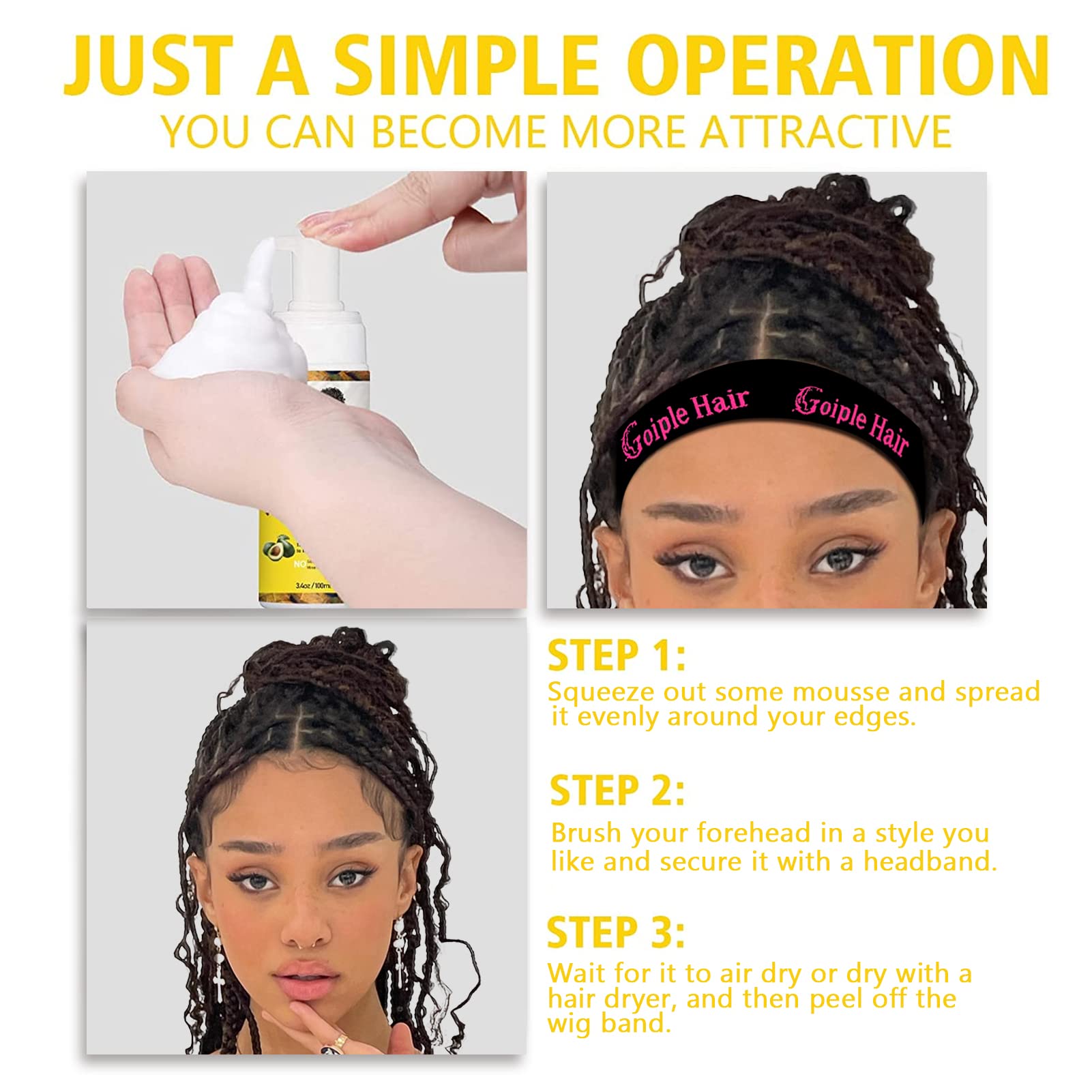 Goiple Foaming Mousse for Curly Hair Wigs, Melting and Holding Spray Adhesive with Edge Control Kit for Extensions, Strong Natural Finishing Hold