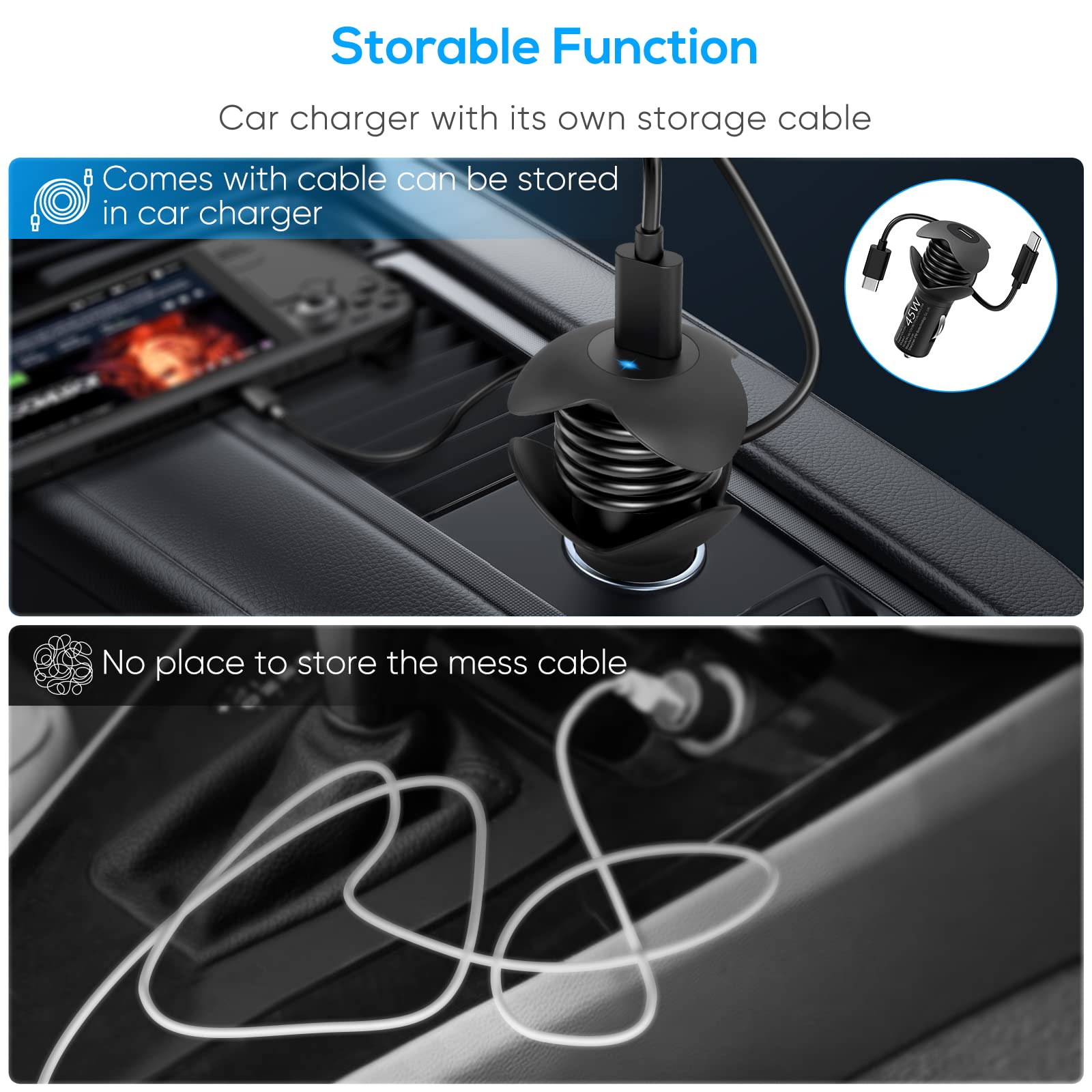 Fast Car Charger for Steam Deck with Winding Cable Device, MENEEA 45W PD 3.0 Mini Charger with 3.9ft USB C Charging Cable, Accessories for Steam Deck/Nintendo Switch/Lite/PS5 Controller/Phone/Tablet