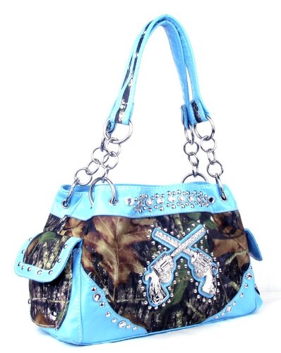 Western Handbag Camouflage Gun Pistol Pocket Camo Rhinestone Purse With Matching Wallet (BLUE)