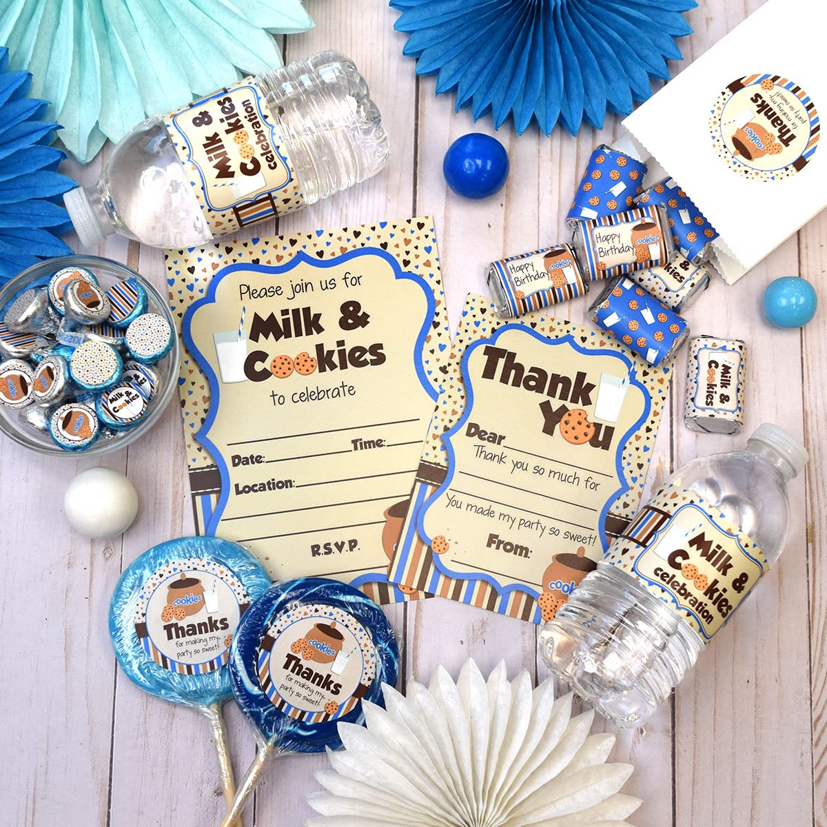 Milk and Cookies Boy Birthday Party Bundle Includes 20 each of Invitations & Thank You Cards with Envelopes + 2 Different Sizes of Stickers, Mini Candy Bar Wrappers, & Water Bottle Labels!