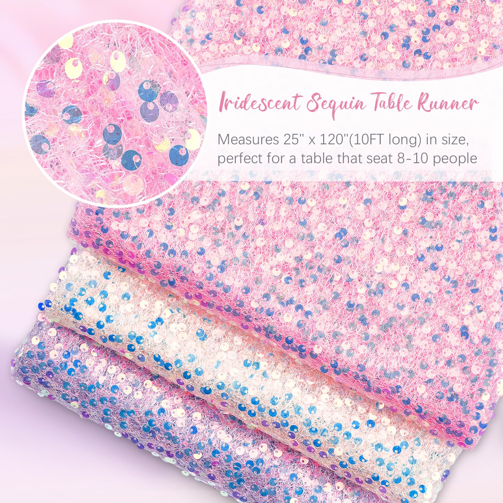 Pink Table Runner 10FT Glitter Iridescent Sequin Table Runner 25x120 Inches for Bridal Baby Shower Girls Birthday Party Sweetheart Table Decorations