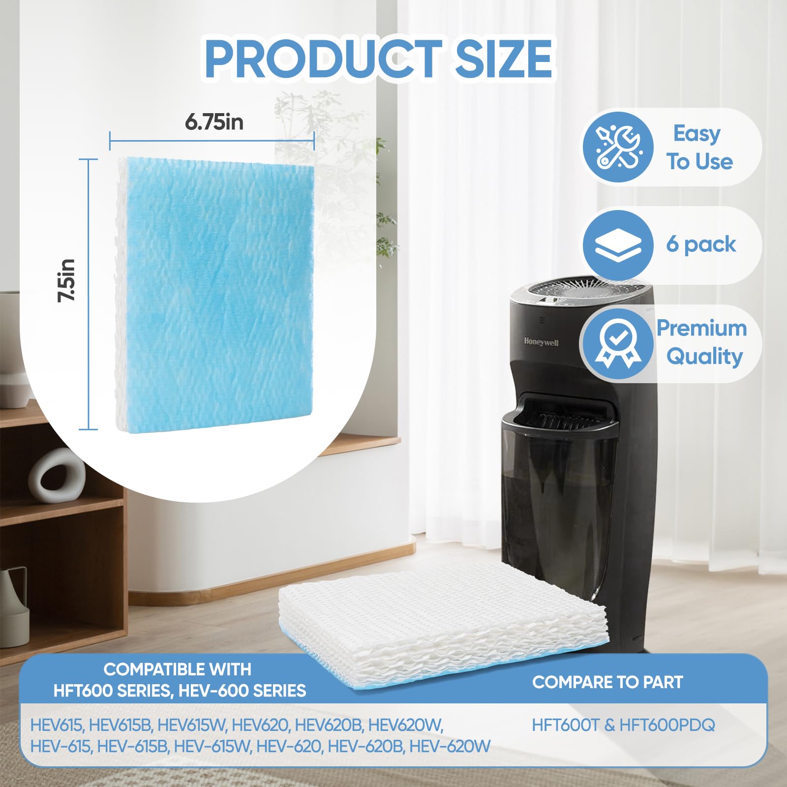 LBLVBNEWD HFT600 6 Pack Humidifier Wicking Filter T Replcement Compatible with Honeywell HEV615 HEV620 Humidifier, Compared to Part HFT600T HFT600PDQ Wicking Filter, Blue