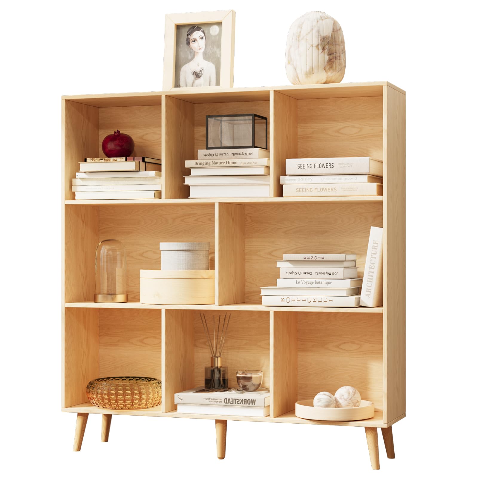 Our Modern Space 7-Cube Wooden Bookshelf - 3 Tiered Open Horizontal Display Bookcase Organizer Storage Cabinet for Living Room, Office, Bedroom, Study Room - Rustic Brown