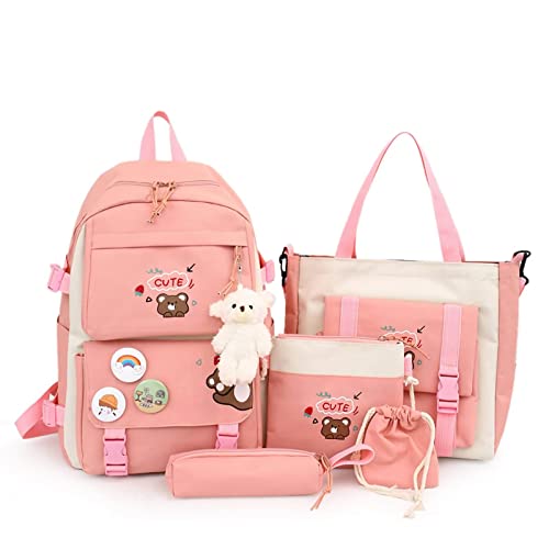 MOJIDUO 5Pcs Set Kawaii Backpack with cute plush Pendants & Badge,19 gallon capacity School Bag Cute Aesthetic Backpack
