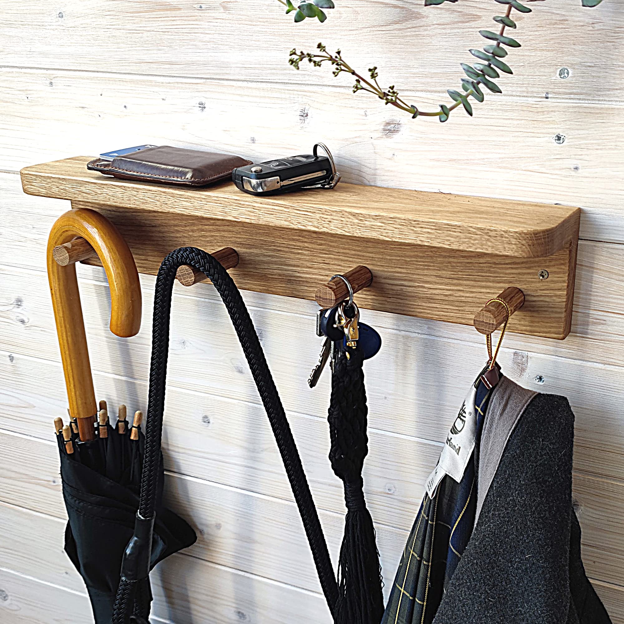 MINICAMP Coat Rack Shelf Wall Mounted - Solid Oak Coat Hooks for Door with 4 Pegs and Shelf - Wooden Peg Rail Kids Storage - Floating Handmade Baby Nursery Products - Scandi Decor