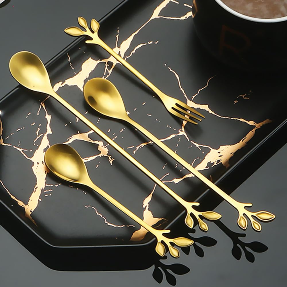 Gold Leaf 6.5inch Teaspoons Set of 6, Stainless Steel Espresso Stirring Spoons,Long Handle Coffee Stir Spoons Set for Coffee Bar, Home Tea Party, Drink