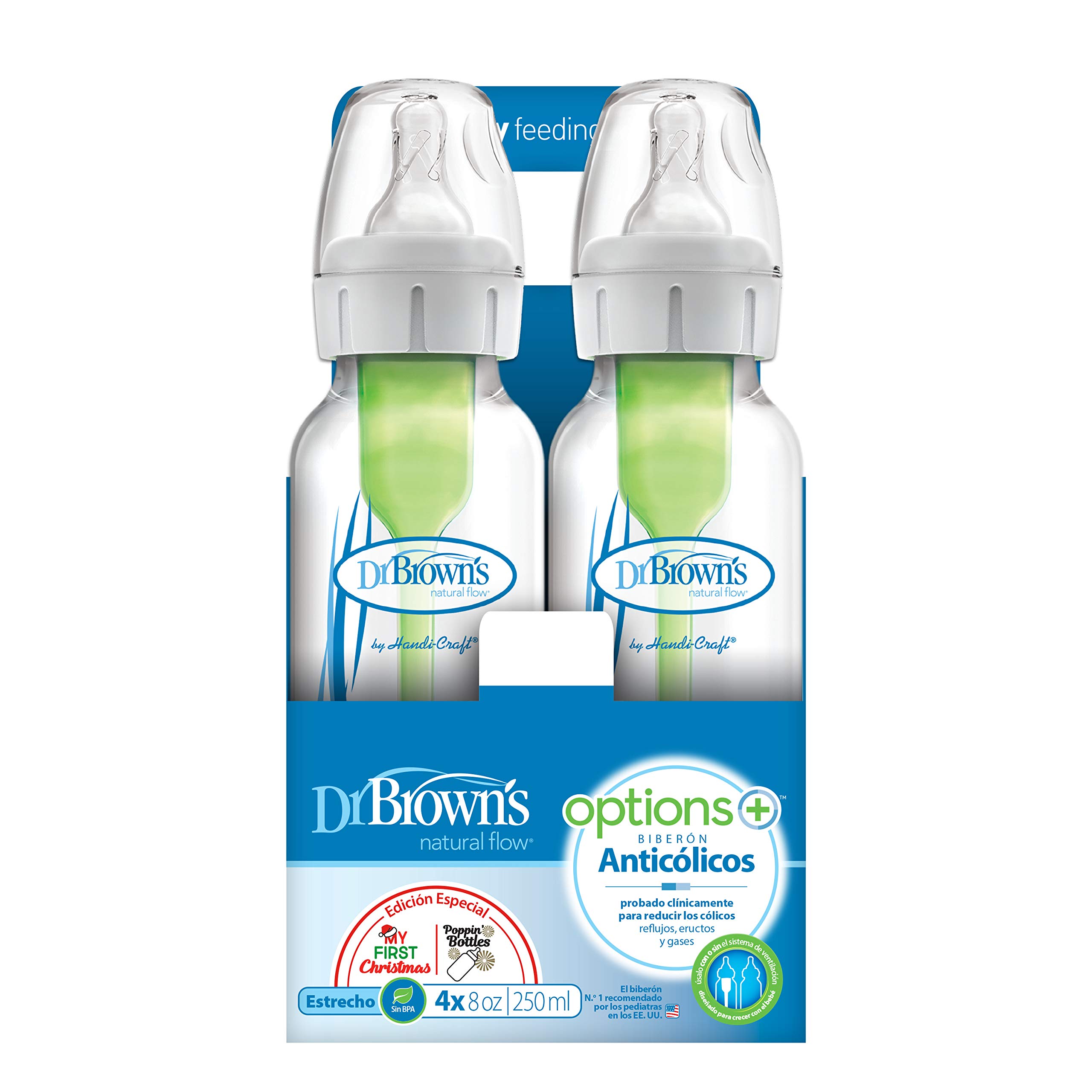 Dr. Brown’s Natural Flow® Anti-Colic Options+™ Narrow Baby Bottles 8 oz/250 mL, with Level 1 Slow Flow Nipple, 4 Pack, 0m+ Holiday Gift Set