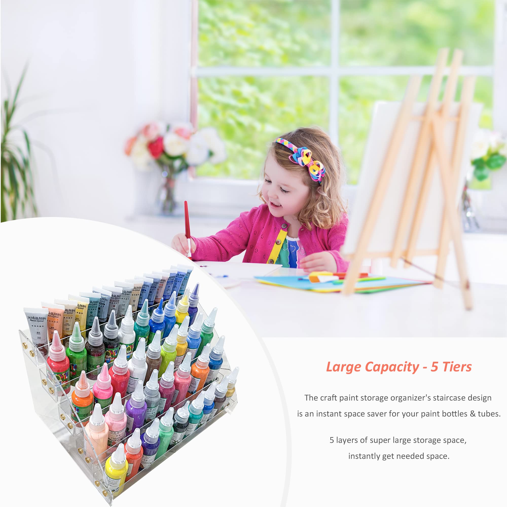 Paint Organizer Rack with Brush Holder 5-Tire – Durable, Easy Assembly Storage Stand for Art Supplies, Paint Bottles, and Craft Rooms - 12.1in