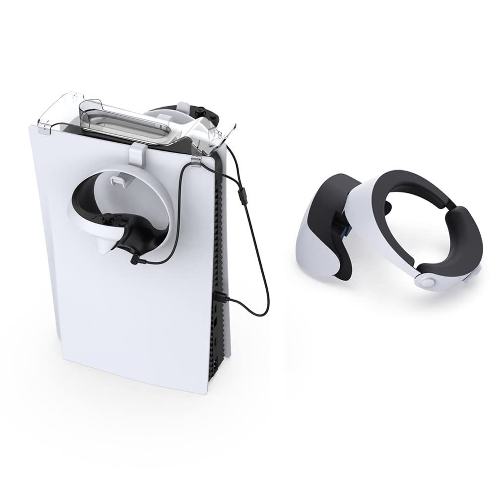 FASTSNAIL VR2 Headset Stand Controllers Holder for PSVR2, Settled on PS5 Console, Display Stand with Lens Cover, Hanger Hook, 2 in 1 Charging Cable and Velcro Straps for PS5 VR2 Gaming Accessories
