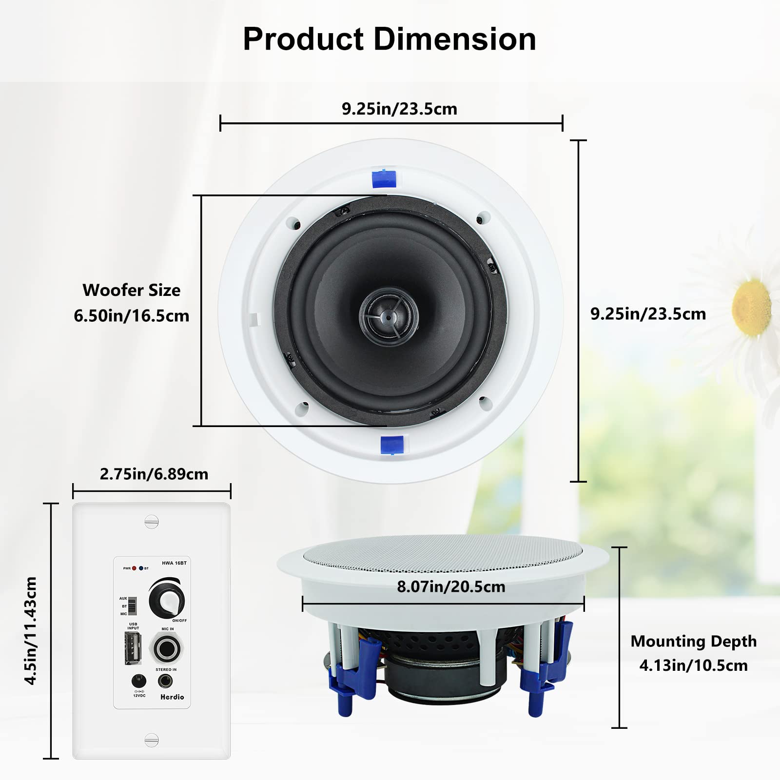 Herdio 6.5 Inch Bluetooth Ceiling Speakers 320W 2-Way Flush Mount in Wall Amplifier Receiver Perfect for Home Theater Bathroom Living Room Kitchen Office (White, Pair)