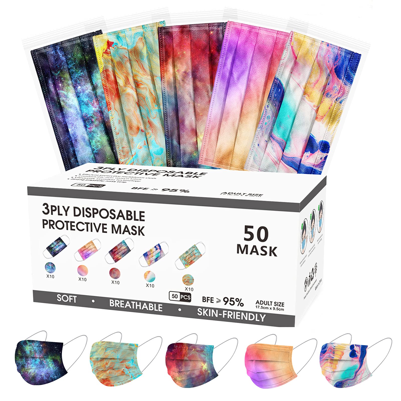 Disposable Face Mask Individually Wrapped - 50 Pcs Face Mask Non Woven Disposable 3 Ply Earloop for Men & Women