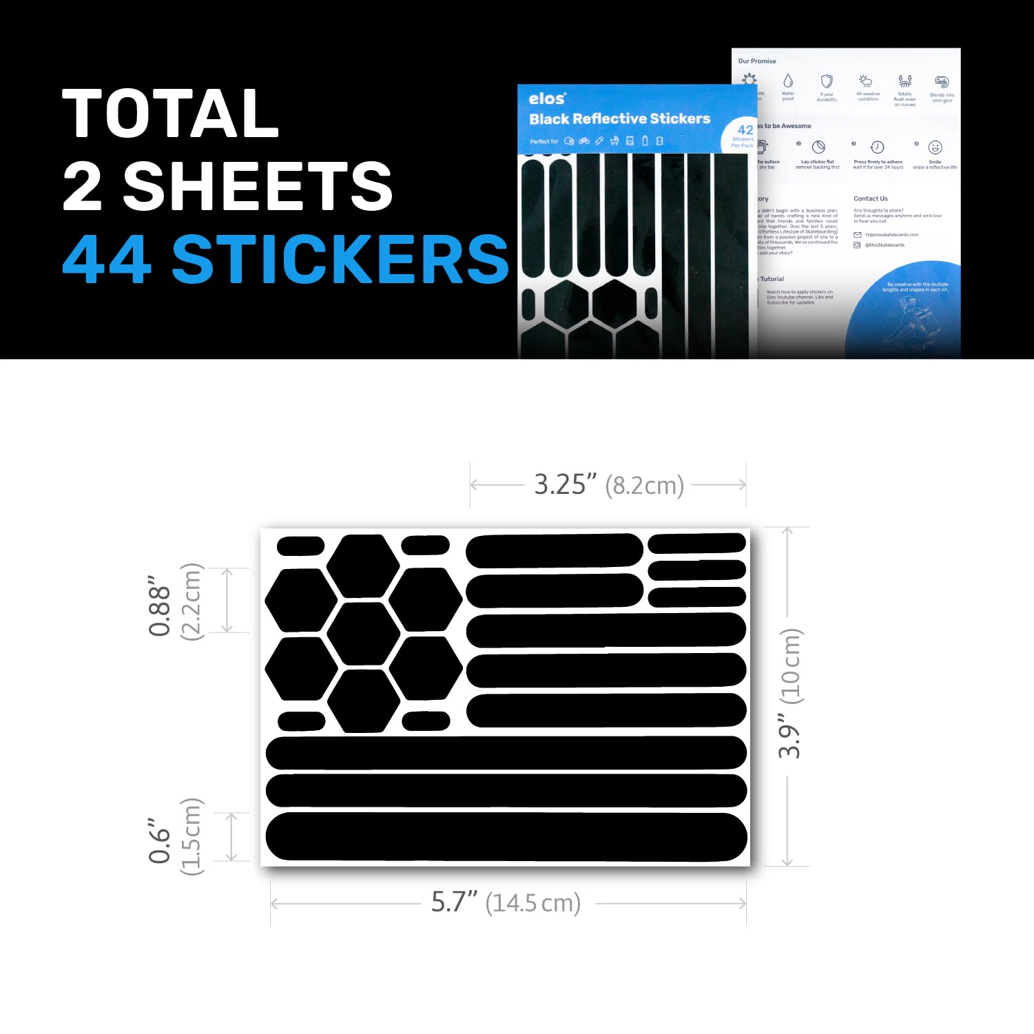 Elos Reflective Gear 3M Reflective Black Stickers - Reflective Helmet Tape, Motorcycle Reflective Tape, Hi Viz Stickers for Helmets - Discreet Black Until Light Hits It (Regular Style, 2, Count)