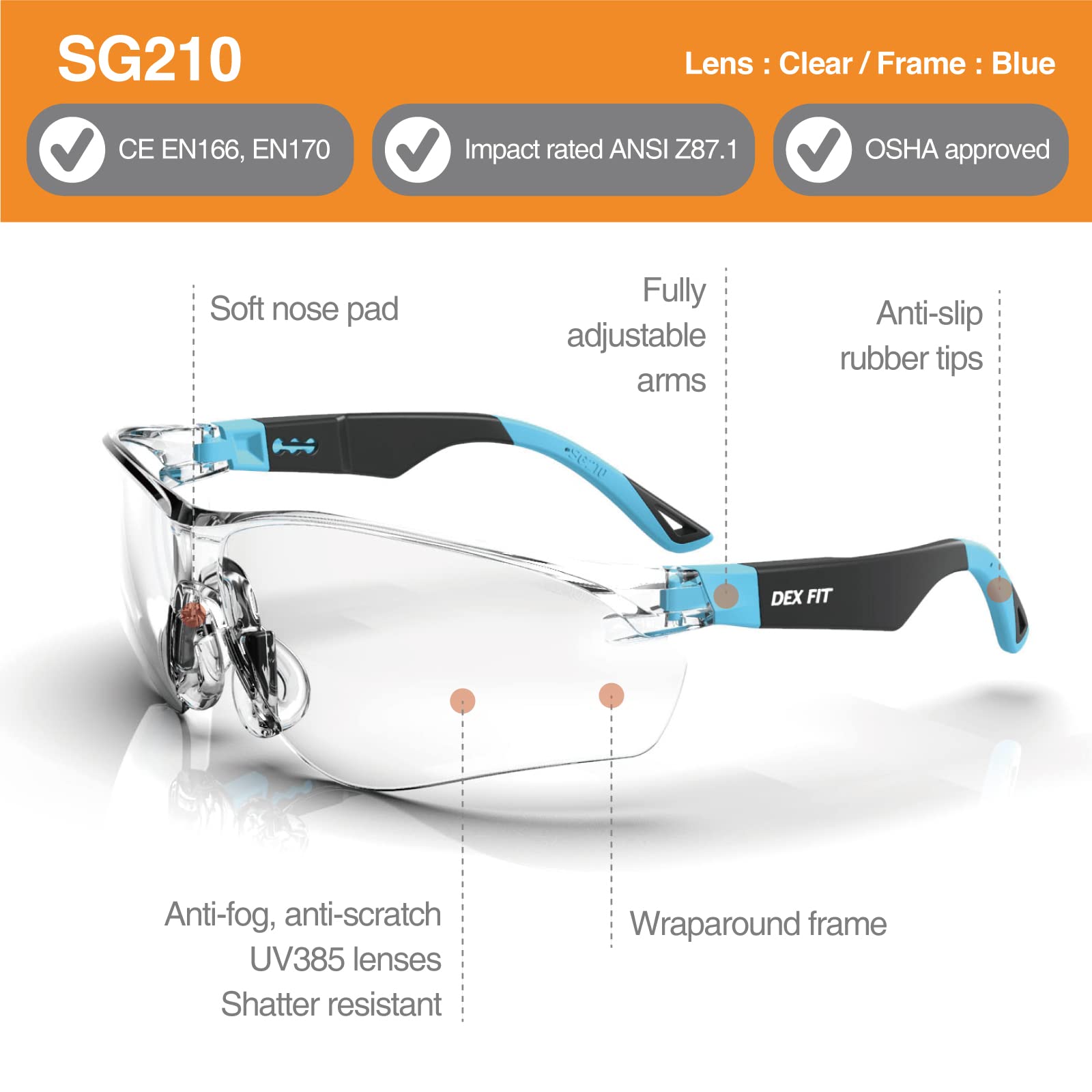 DEX FIT Safety Glasses SG210, Z87 Eye Protection, Anti-Fog & Scratch Resistant, Adjustable for Women and Men, UV Protection (Black & Blue Frame, Clear Lens)