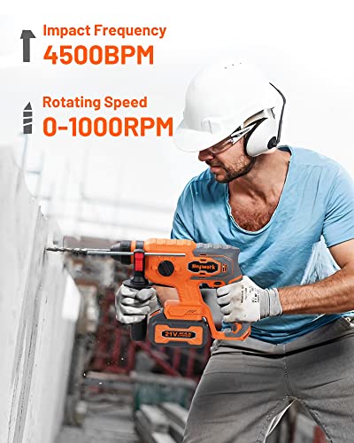Heywork Cordless Rotary Hammer Drill, 4 Modes Variable Speed and Adjustable Handle, SDS-Plus Chuck Hammer Drill with 21V 2*4.0Ah Li-ion Battery and Charger, Electric Hammer Drill for Wall, Concrete.