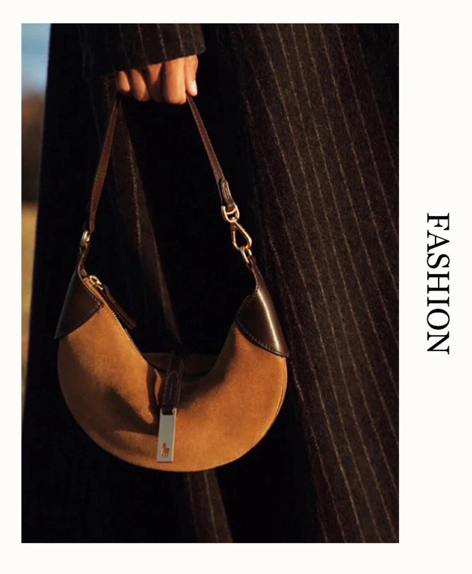 Genuine Leather Suede Handbag Polo Design Crescent Crossbody Underarm Saddle Shoulder Bag Light camel big