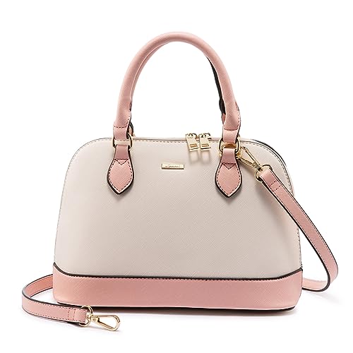 Small Crossbody Bags for Women Classic Double Zip Top Handle Dome Satchel Bag Shoulder Purse Pink&Beige