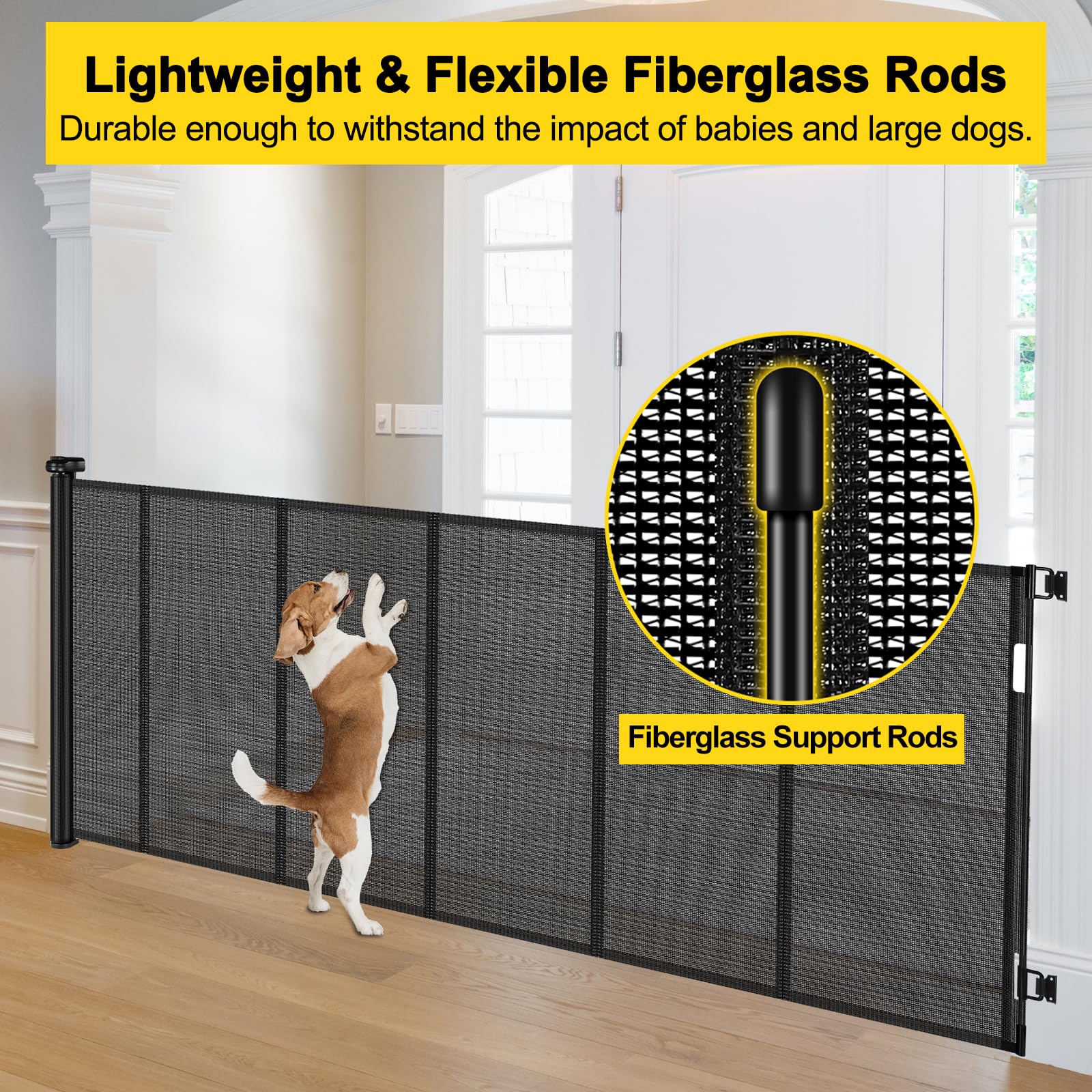 Enhanced 42” Extra Tall & 80” Wide Retractable Baby Gates with Rods to Prevent Crawling Through, Extra Tall Pet Gate for Large Openings Indoor Long Mesh Dog Gate for Stairs and Doorways, Black