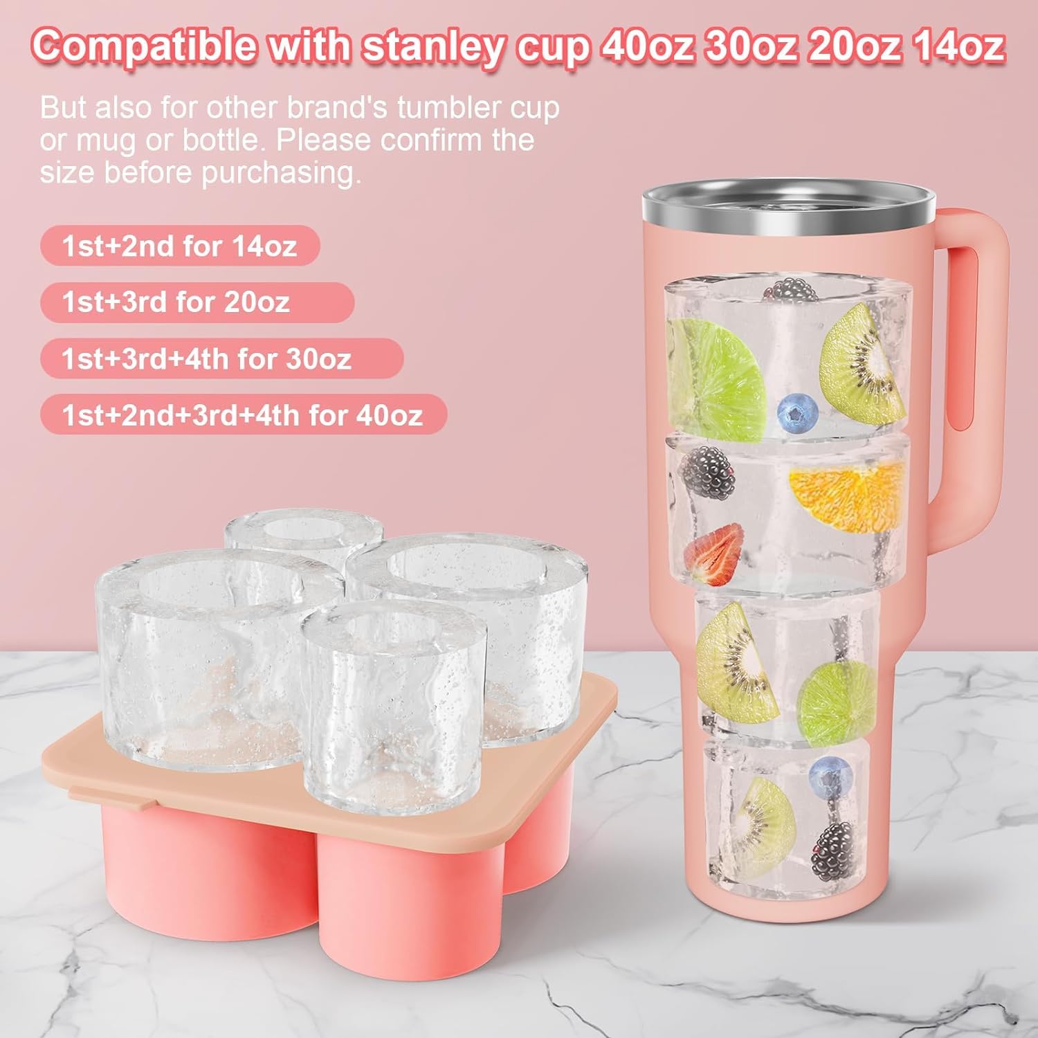 Ice Cube Tray for Stanley Cup Ice Mold 20oz 30oz 40oz Tumbler 4-Cavity Silicone Cup Ice Cube Mold Trays with Lid and Bin for Chilling Whiskey, Drinks, Coffee Easy Fill and Release Ice Maker (pink)