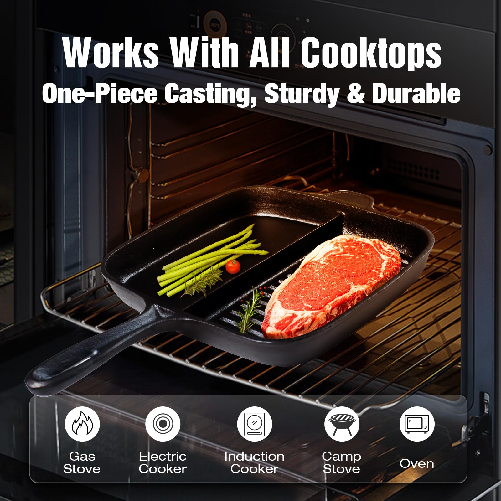 LD HuYY Divided Grill Pan for Stove Tops, 3-in-1 Functionality for Cooking, divided skillet, Detachable Wooden Handles, Durable and Long-Lasting (10 * 10in)