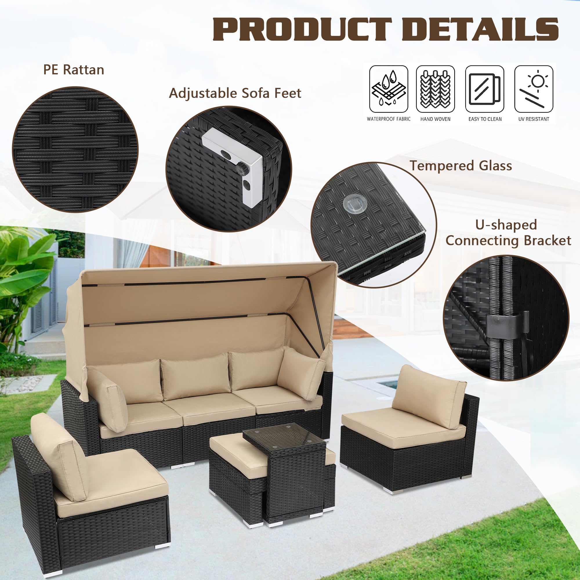 LETATA 7 Pieces Wicker Patio Furniture Sets, Rattan Daybed with Retractable Canopy, Outdoor Sectional Sofa Set with Adjustable Backrest, Chaise Chair Sunbed for Garden Poolside Backyard (Khaki)
