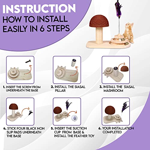 Paw Paw Babe 3 in 1 Cat Scratch Post - Wooden Base, Mushroom Sisal Post, Feather Stick - Cats Interactive Track Ball Toy - Cat Scratcher Toys for Indoor Fun