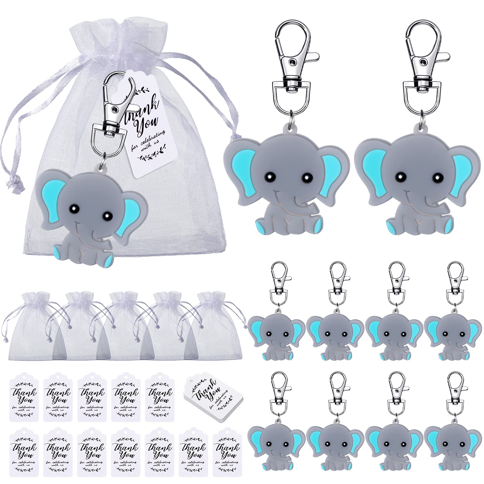 Tenare 40 Sets Baby Shower Favors Return Gifts for Guests Elephant Keychains Thank You Tags Gift Bags Baby Shower Decorations for Elephant Birthday Party Favors Supplies Baptism Favors(Blue)