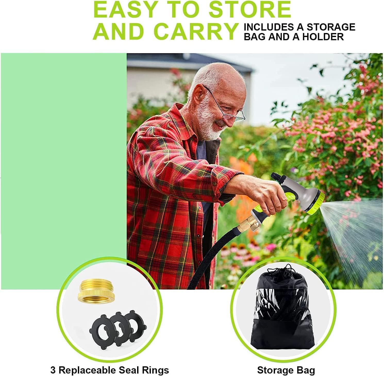 Garden Hose 100 ft with 9 Function Nozzle, 4-Layer Latex Core Flexible Leakproof Water Hose with Solid 3/4" Brass Fittings,No Kink Tangle-Free Extra Strength 3750D Hose