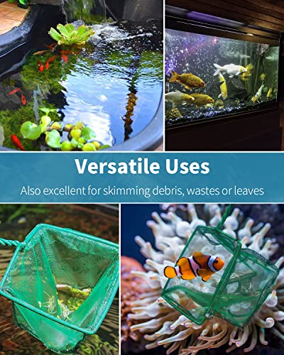 Pawfly 4 & 6 Inch Aquarium Fish Net Set with Braided Metal Handle Square Green Net with Soft Fine Mesh Sludge Food Residue Wastes Skimming Cleaning Net for Fish Tanks Small Koi Ponds and Pools