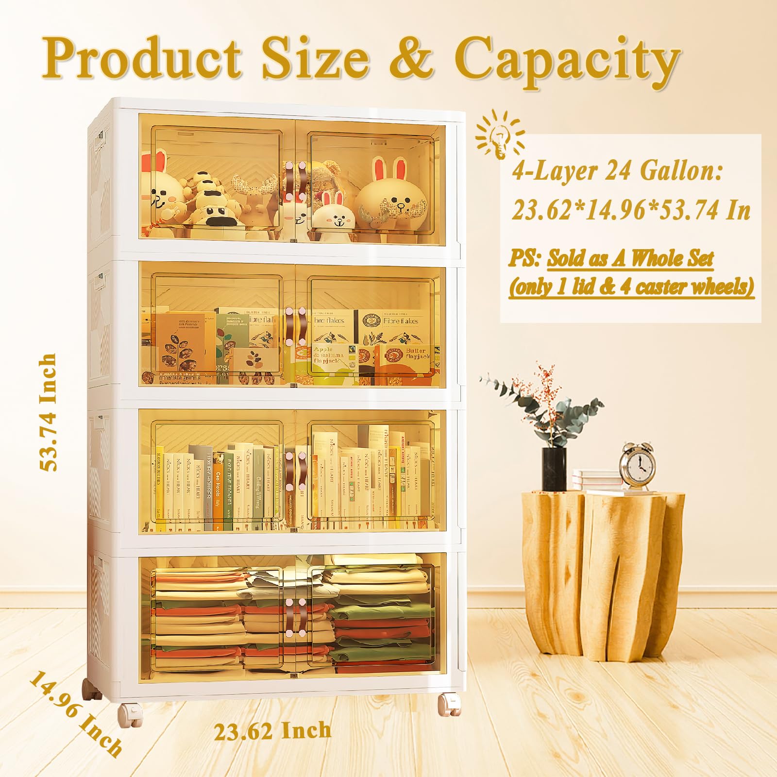 Jacriah Plastic Drawer Storage Bins with Lid, Stackable Storage Bins Open Front, Closet Organizers and Storage Cabinet with Doors and Shelves, Collapsible Storage Bins with Wheels (4 Layer-24 Gallon)