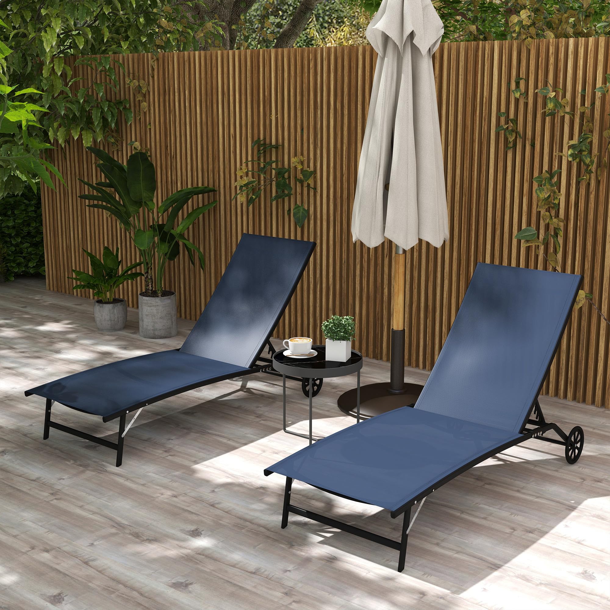 Outsunny Chaise Lounge Outdoor, 2 Piece Lounge Chair with Wheels, Tanning Chair with 5 Adjustable Positions for Patio, Beach, Yard, Pool, Dark Blue