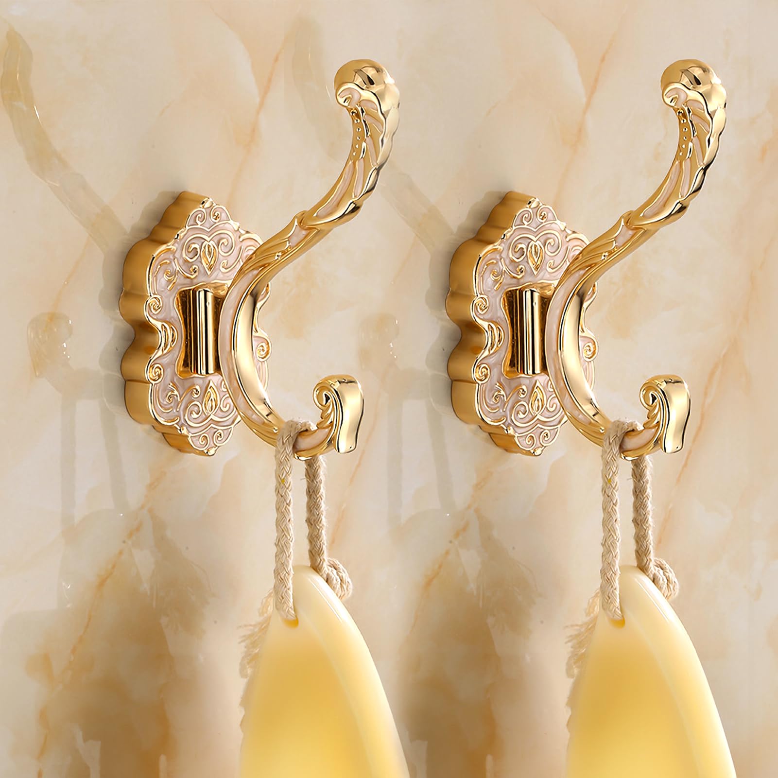ParkistStar 2 pcs Coat hook, elegant gold practical hook in vintage style wall Mount for hanging coats and towels for hanging coat wallets in The bathroom and hallway (Golden-white)