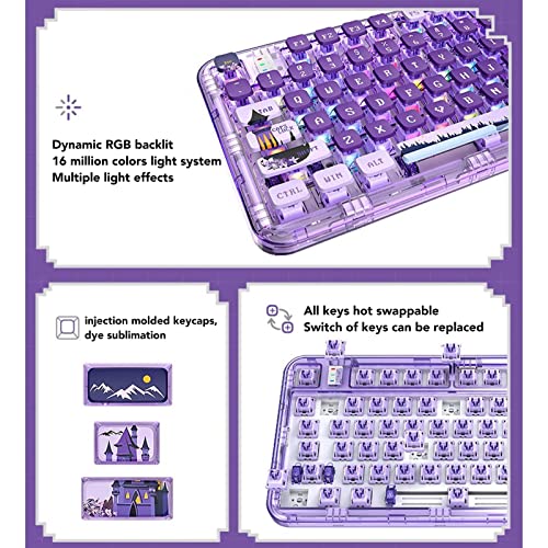 Jectse Mechanical Gaming Keyboard, 80 Keys Wireless Bluetooth Keyboard Computer with Transparent keycaps, 38Pcs Replacement PBT Keycaps and Keycap Puller