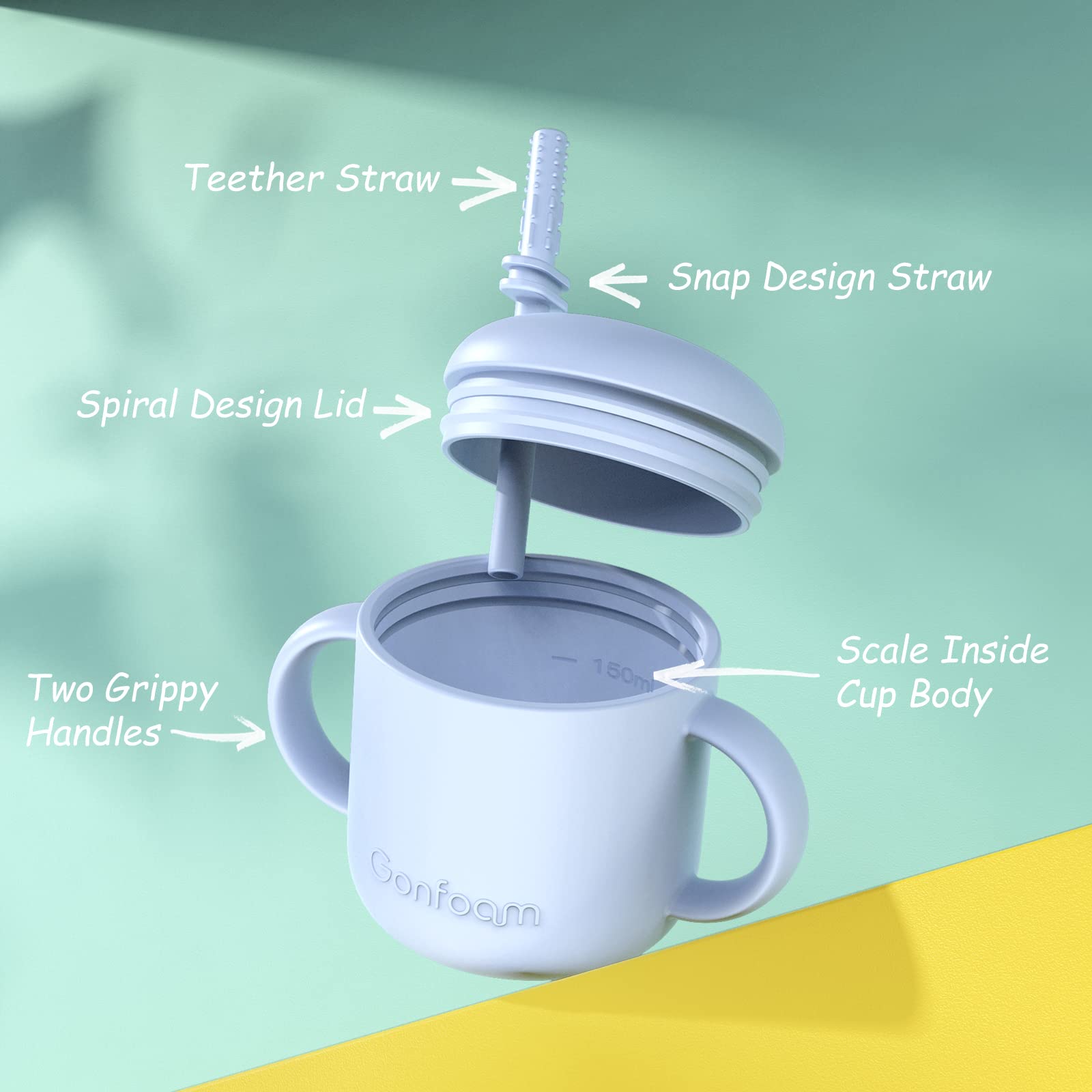 Gonfoam Silicone Sippy Cups, Baby Straw Cup with Handles Lids, 7oz Training Cup for Toddler Baby 6+ Month (Blue)