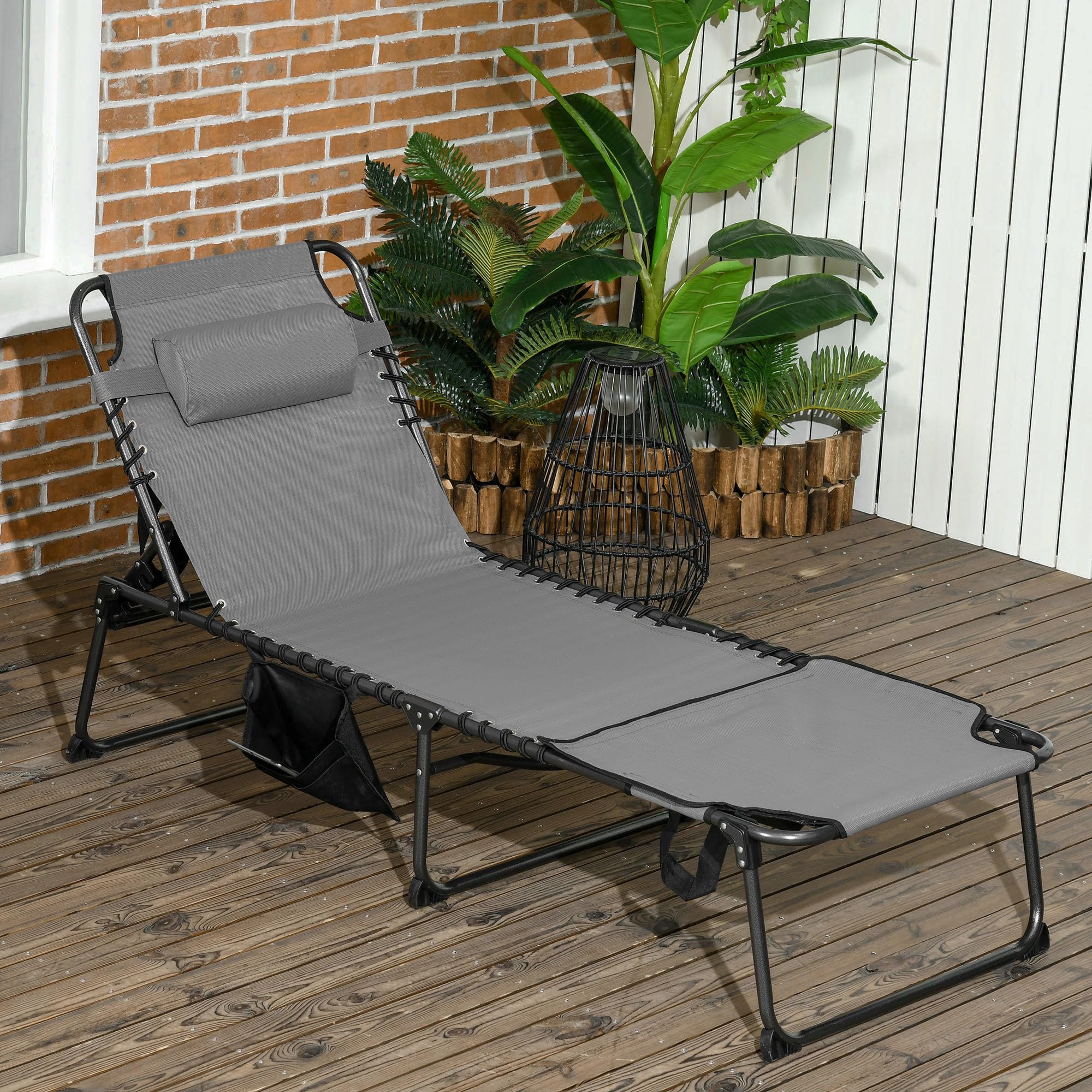 Outsunny Folding Chaise Lounge with 5-Level Reclining Back, Outdoor Tanning Chair with Reading Face Hole, Outdoor Lounge Chair with Side Pocket & Headrest for Beach, Yard, Patio, Gray