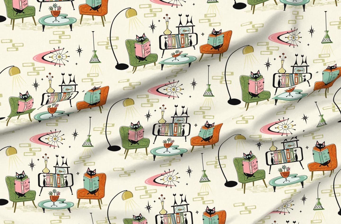 Spoonflower Fabric - Mid Century Modern Retro Cats 1950S Inspired Atomic Age Vintage Style Printed on Petal Signature Cotton Fabric by The Yard - Sewing Quilting Apparel Crafts Decor