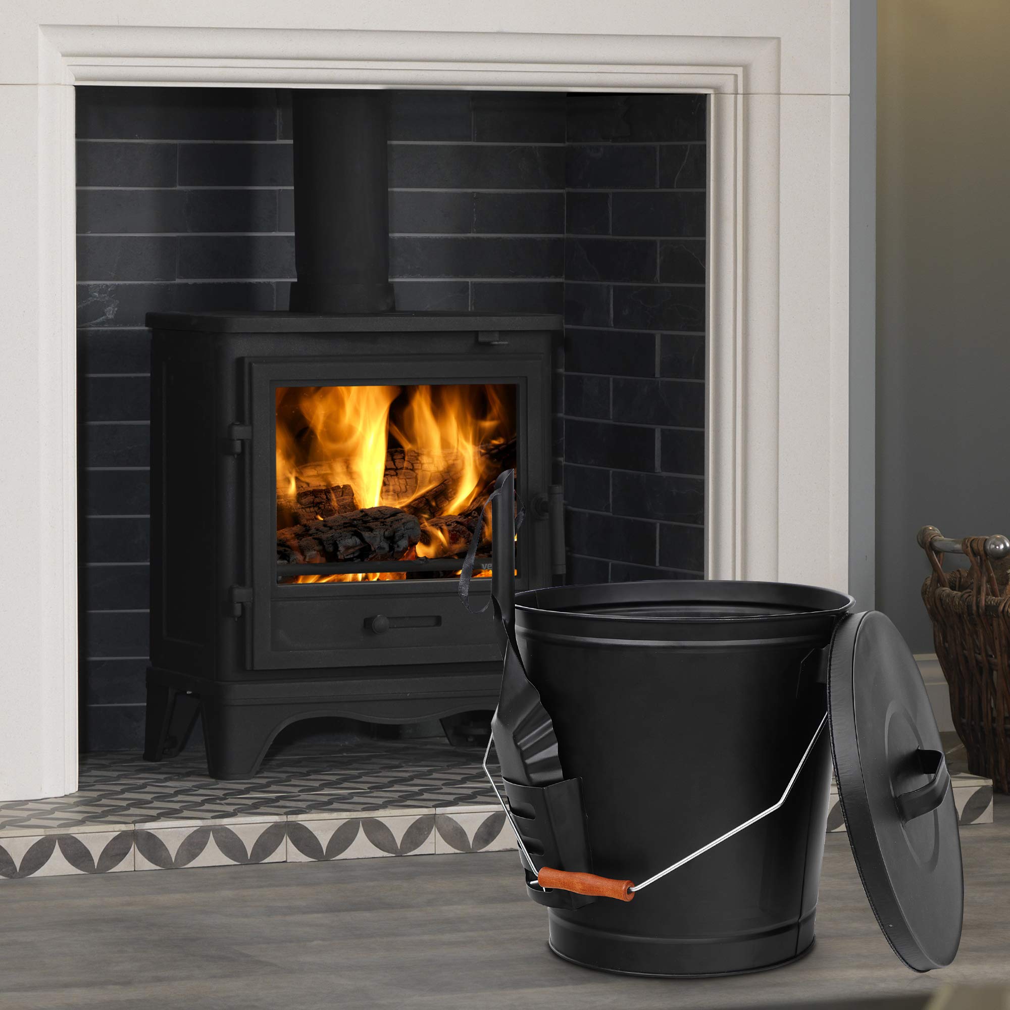 LEMY Ash Bucket with Lid and Shovel, 5 Gallon Ash Container for Fireplace, Fire Pits, Wood Burning Stoves