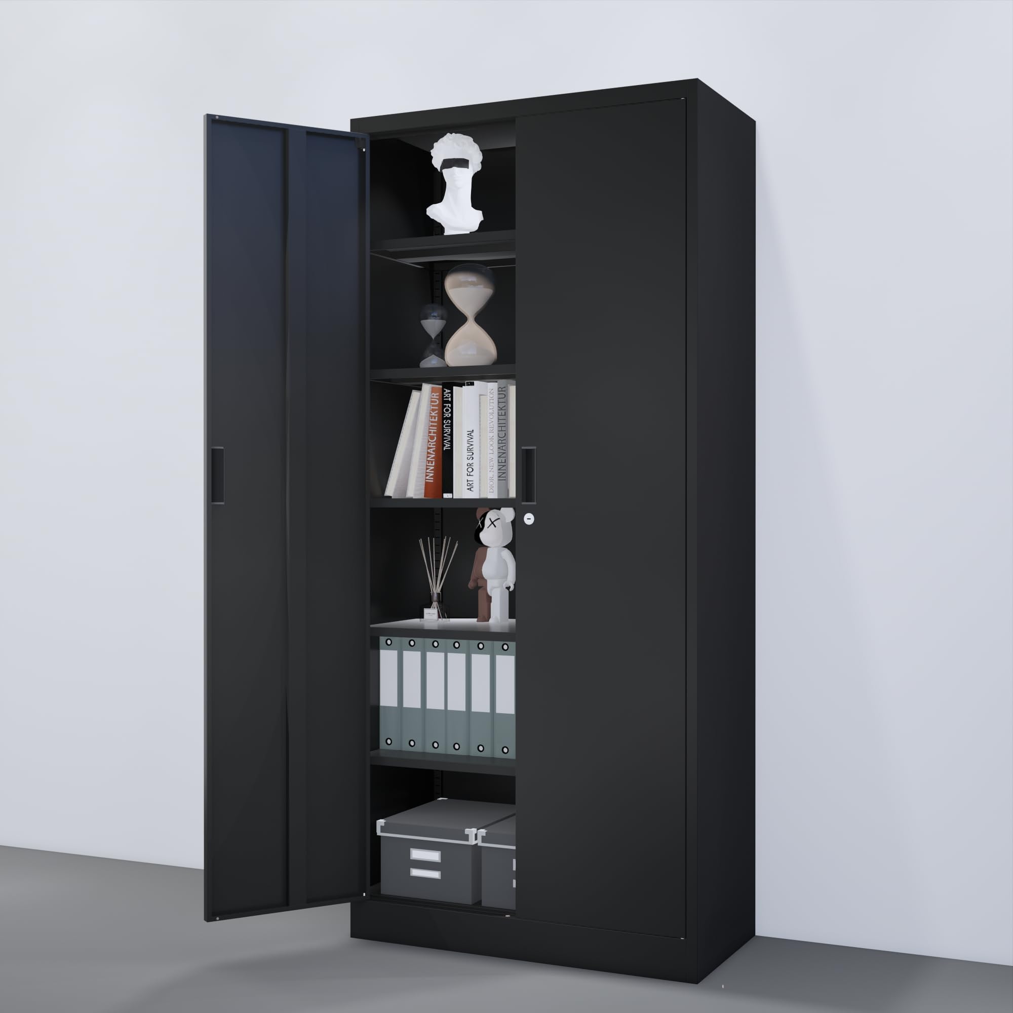 YEEZER Metal Storage Cabinet 71” with 2 Doors and 5 Adjustable Shelves, Garage Steel Locking Cabinet, Tall Cabinets Lockable File Cabinet for Home, Office, Garage, Gym, School. (Black)