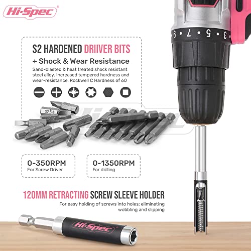 Hi-Spec 58pc Pink 18V Cordless Power Drill Driver, Bit Set & Case. Complete Home & Garage DIY Tool
