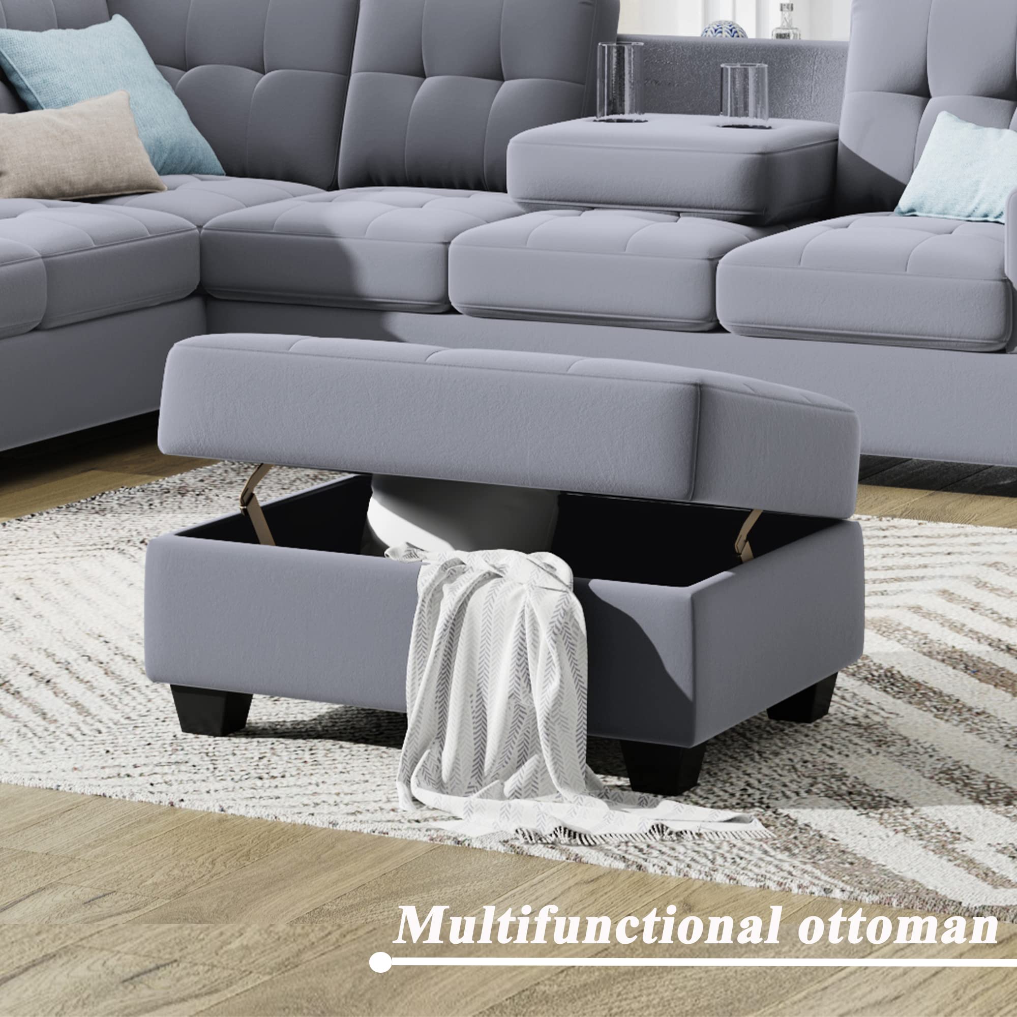 P PURLOVE Sectional Sofa, Modern 7 Seats Modular Sectional Sofa with Ottoman, L Shape Polyester Sofa Corner Couch Set with 3 Pillows for Living Room, Apartment, Office (Black)