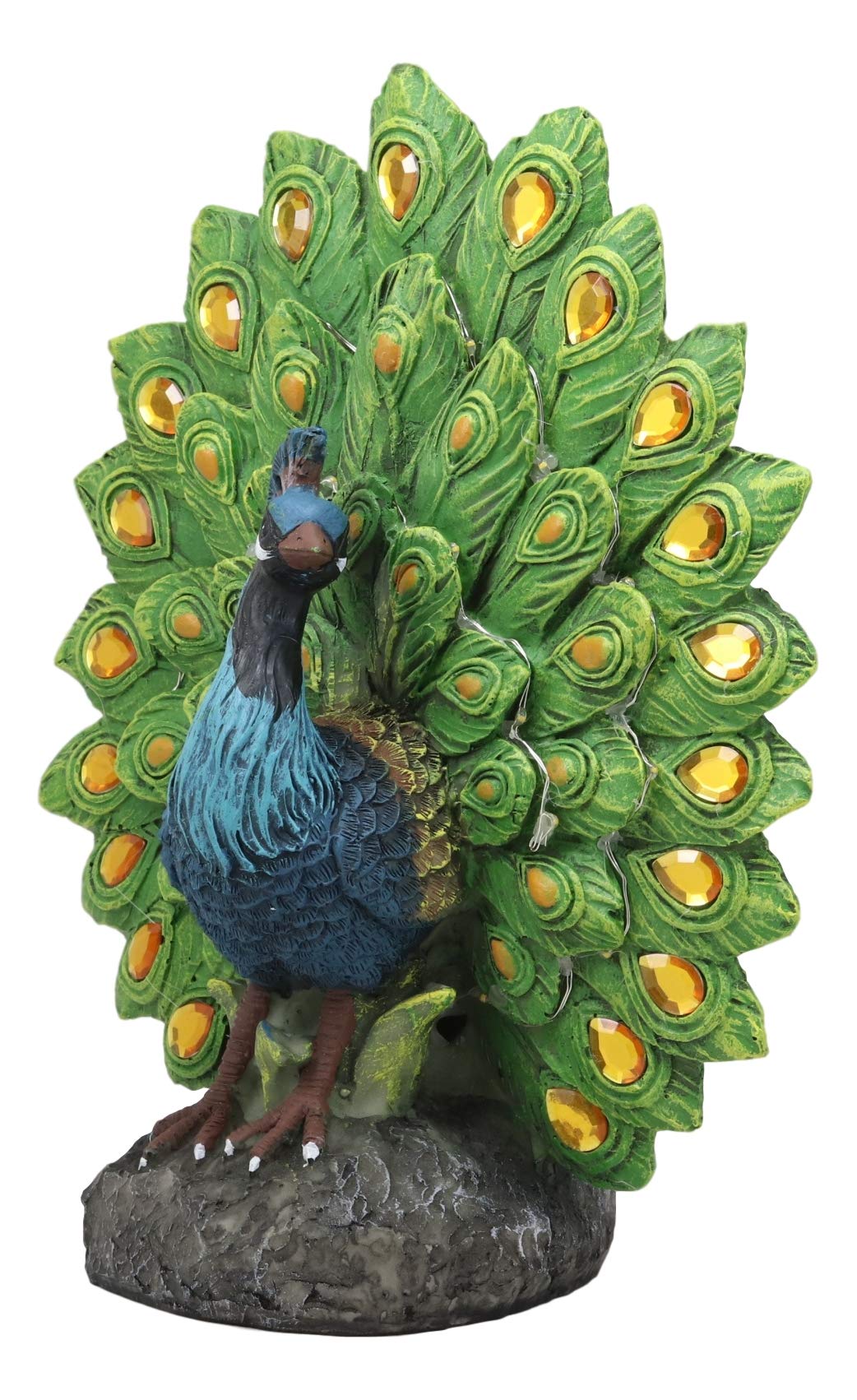 Ebros Decorative Iridescent Peacock With Beautiful Gold Gemstone Open Train Feathers Solar LED Night Light Statue 11.25" High Path Lighter Indoor Outdoor Shelf Tabletop Home Decor Wild Birds of Flight