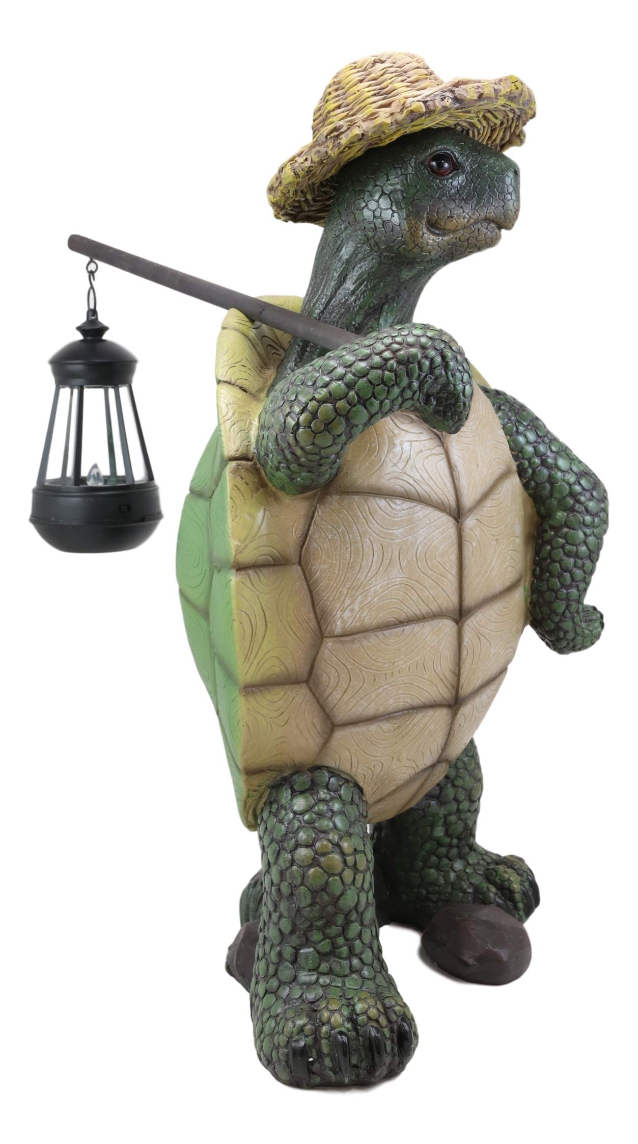 Ebros Gift Nautical Nature Lover Adventure Hiking Tortoise with Straw Hat Statue Carrying Solar Powered Lantern LED Light On A Pole Turtle Garden Yard Pool Patio Deck Home Decorative Accent
