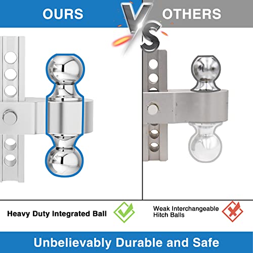 TOLEAD Adjustable Trailer Hitch, Fits 2" Receiver, 6" Drop/Rise Aluminum Hitch, 12,500 LBS GTW, 2" and 2-5/16" Double Hitch Ball Mount, Tow Hitch with Double Anti-Theft Pins Locks, Silver