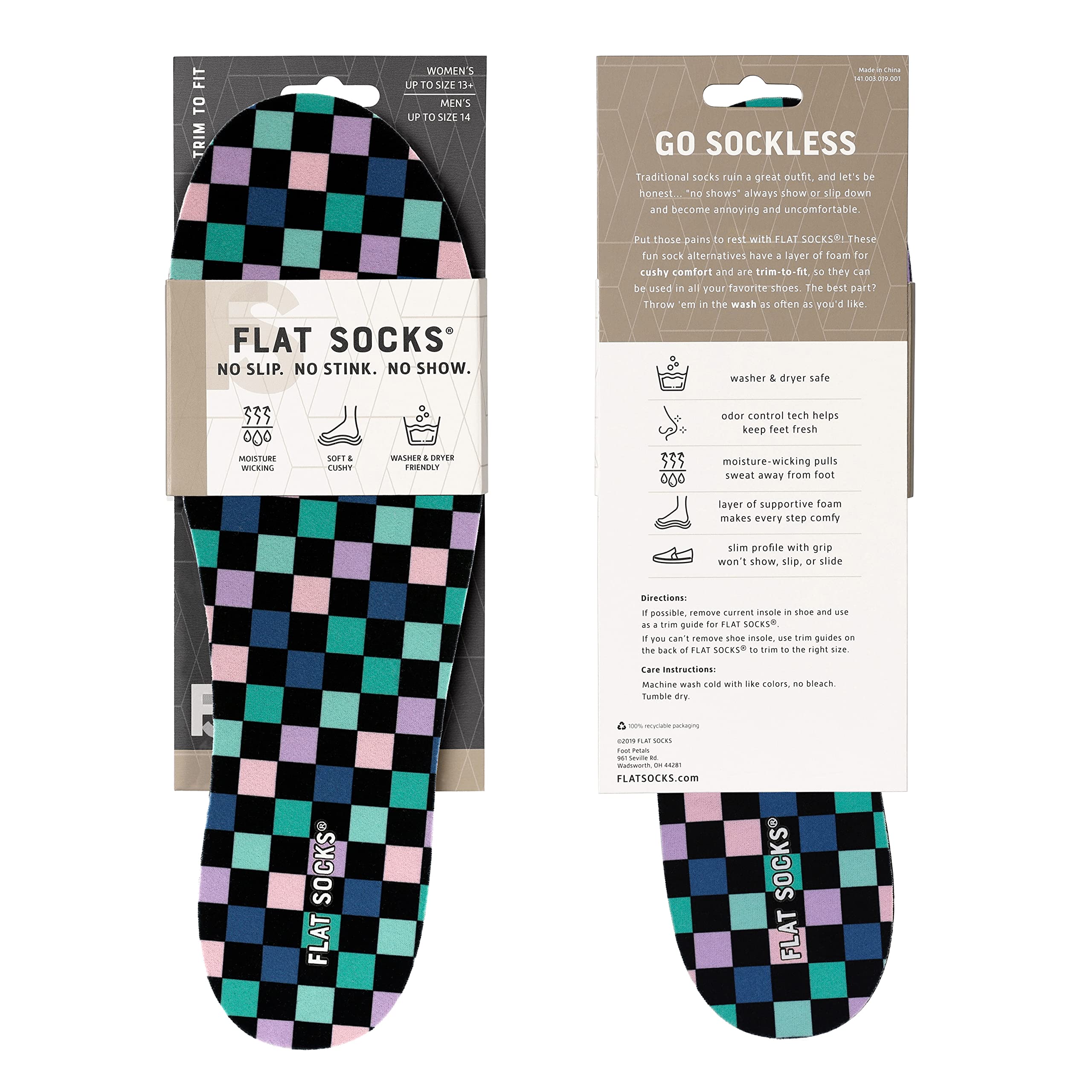 FLAT SOCKS No Show Socks, Sockless Shoe Liner, No Slipping, No Stinking, Washable Barefoot Shoe Insert for Men and Women, Coral Check, Small