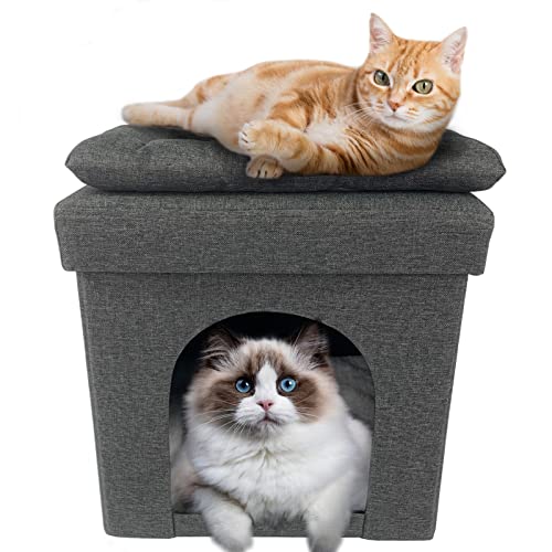 SICZON Cat House Ottoman, Modern Cat Condo for Indoor, 13"x13"x13" Foldable Cat Cube Bed for Kitten Sturdy Structure with Removable Lid