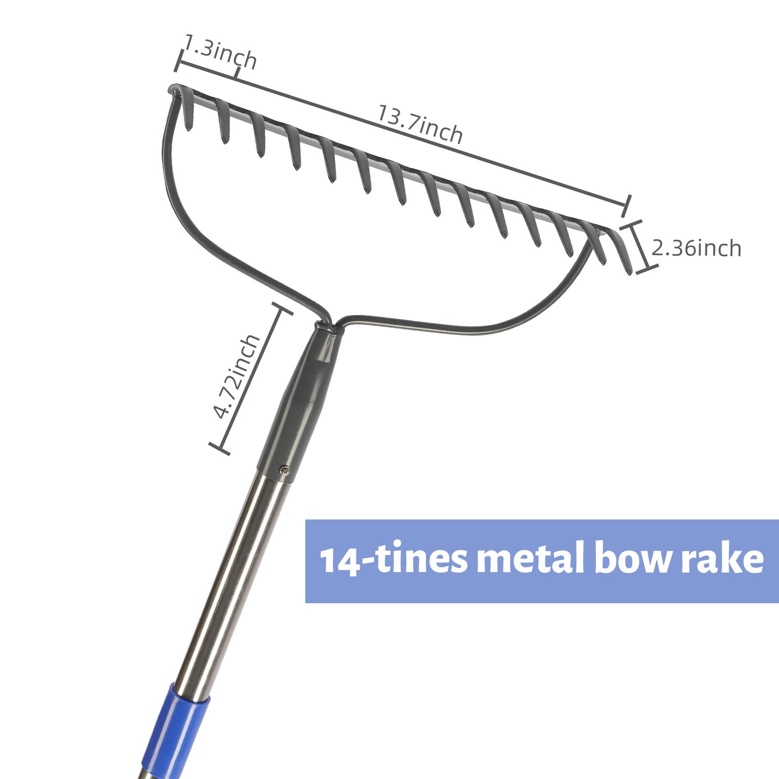 Garden Rake Heavy Duty Bow Rake with 60" Stainless Steel Handle Metal Rake for Lawn with 14 Tines