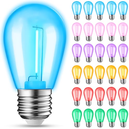 JAHEKS 30-Pack Colored String Light Bulbs, S14 LED Replacement Bulbs for Outdoor String Lights, Patio Light Bulbs, 1W E26 Base for Christmas Halloween,Holiday Lighting,Home Decor