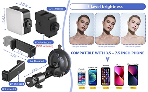 LenTok Suction Cup Mirror Phone Holder with Light, Travel Wall Phone Camera Mount for Makeup Content Creator Essentials, Mirror Tripod for Bathroom Kitchen Compatile with All Smooth Surface
